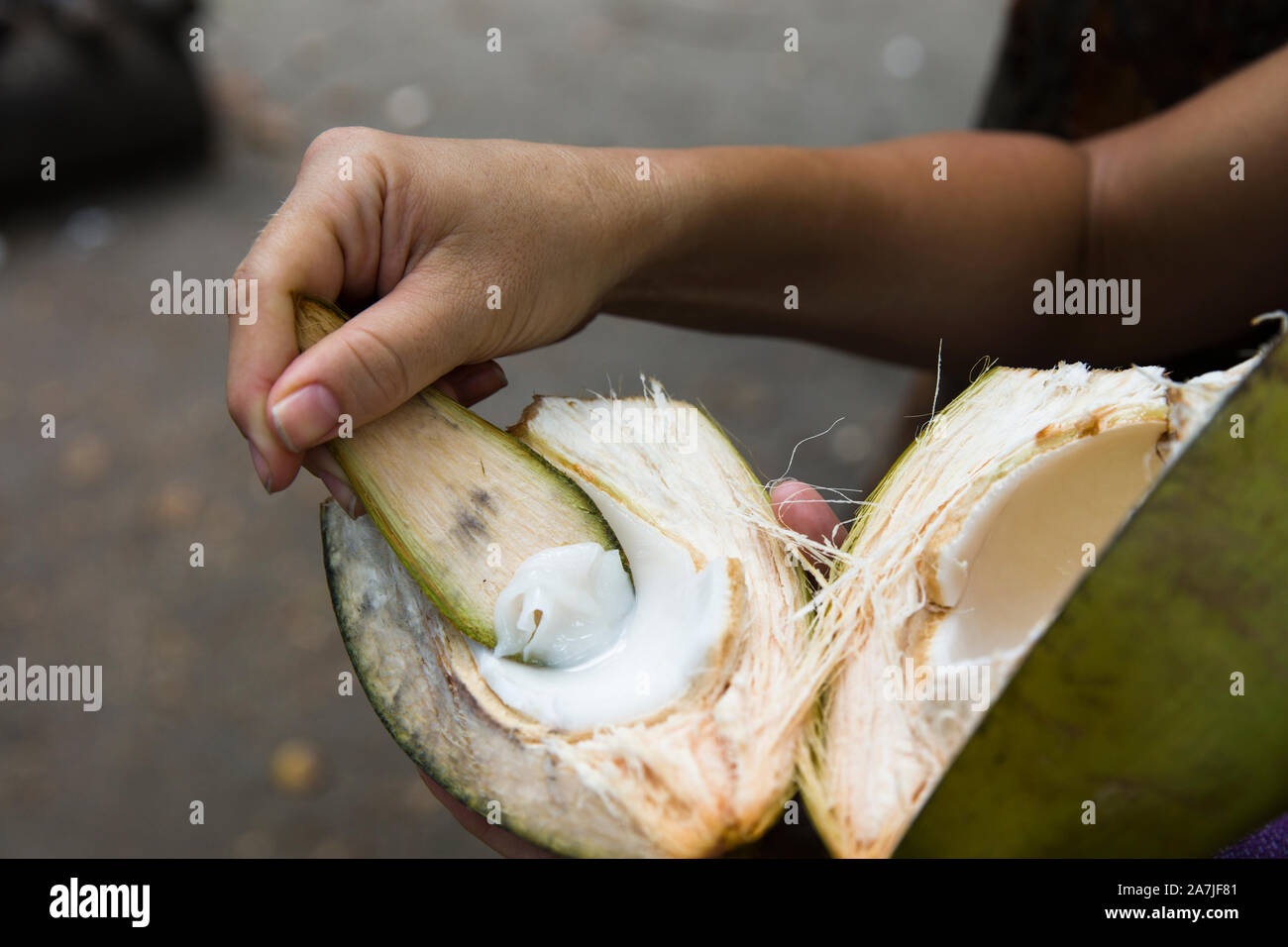 Eating of fresh coconut on the street Stock Photo - Alamy