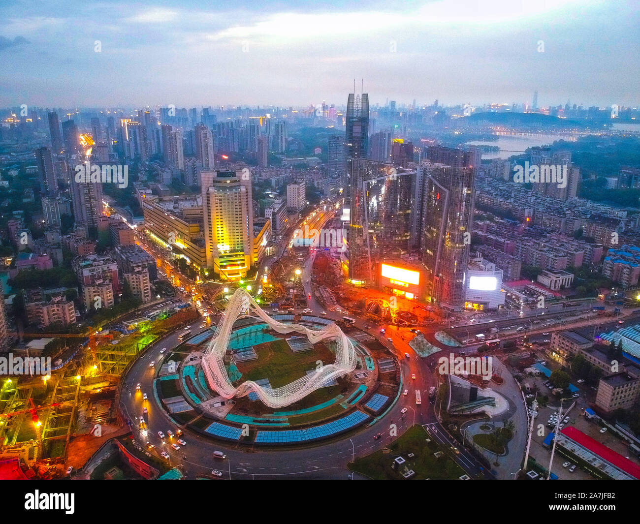 --FILE-- View of the Optics Valley Square under the sunset Wuhan city ...