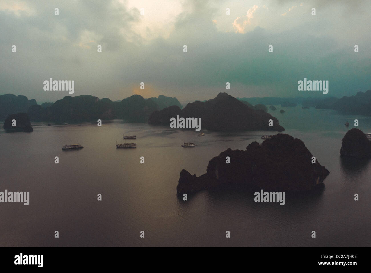 Aerial View of Ha Long Bay in Vietnam during a beautiful Sunset with ...