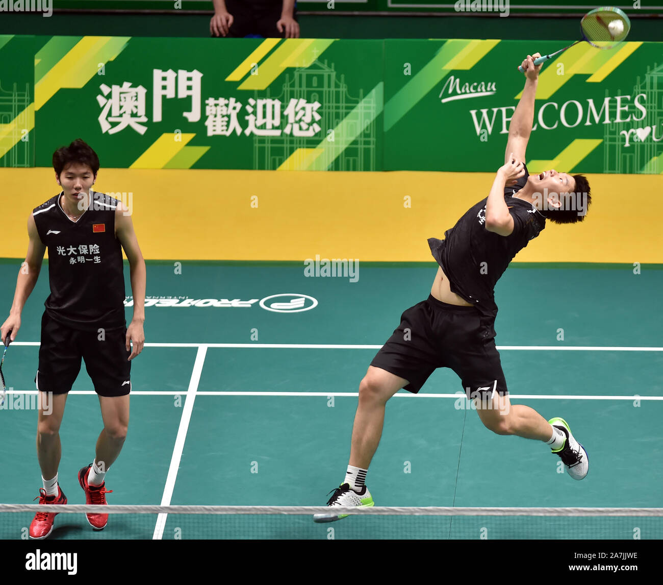 Macao, China. 3rd Nov, 2019. Li Junhui (L)/Liu Yuchen of China compete during the men's doubles ...