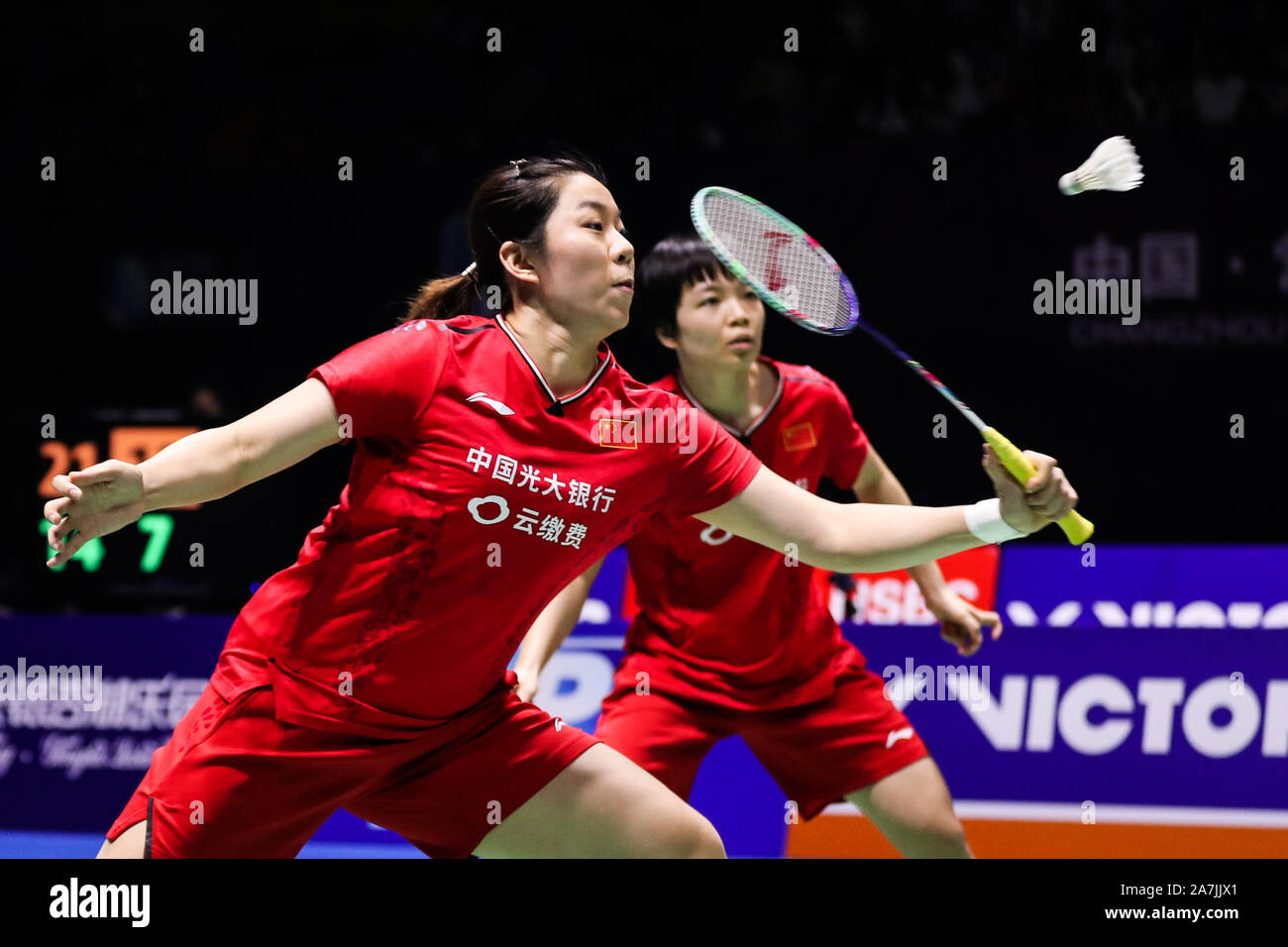 Chinese professional badminton players Jia Yifan and Chen Qingchen compete against Japanese ...