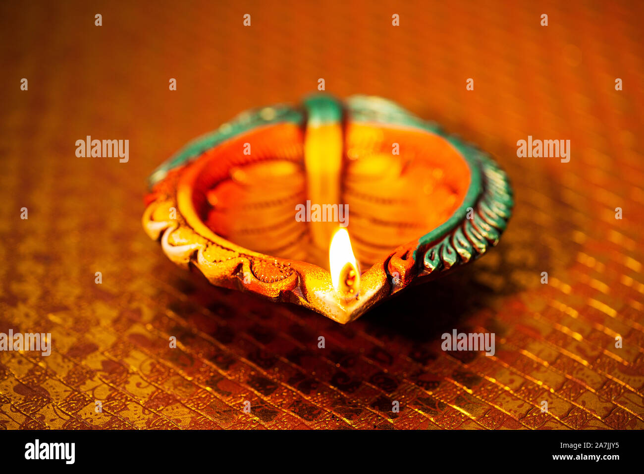 Nobody Shot Close-up Of Burning Diya oil-Lamp Lighting On Diwali ...