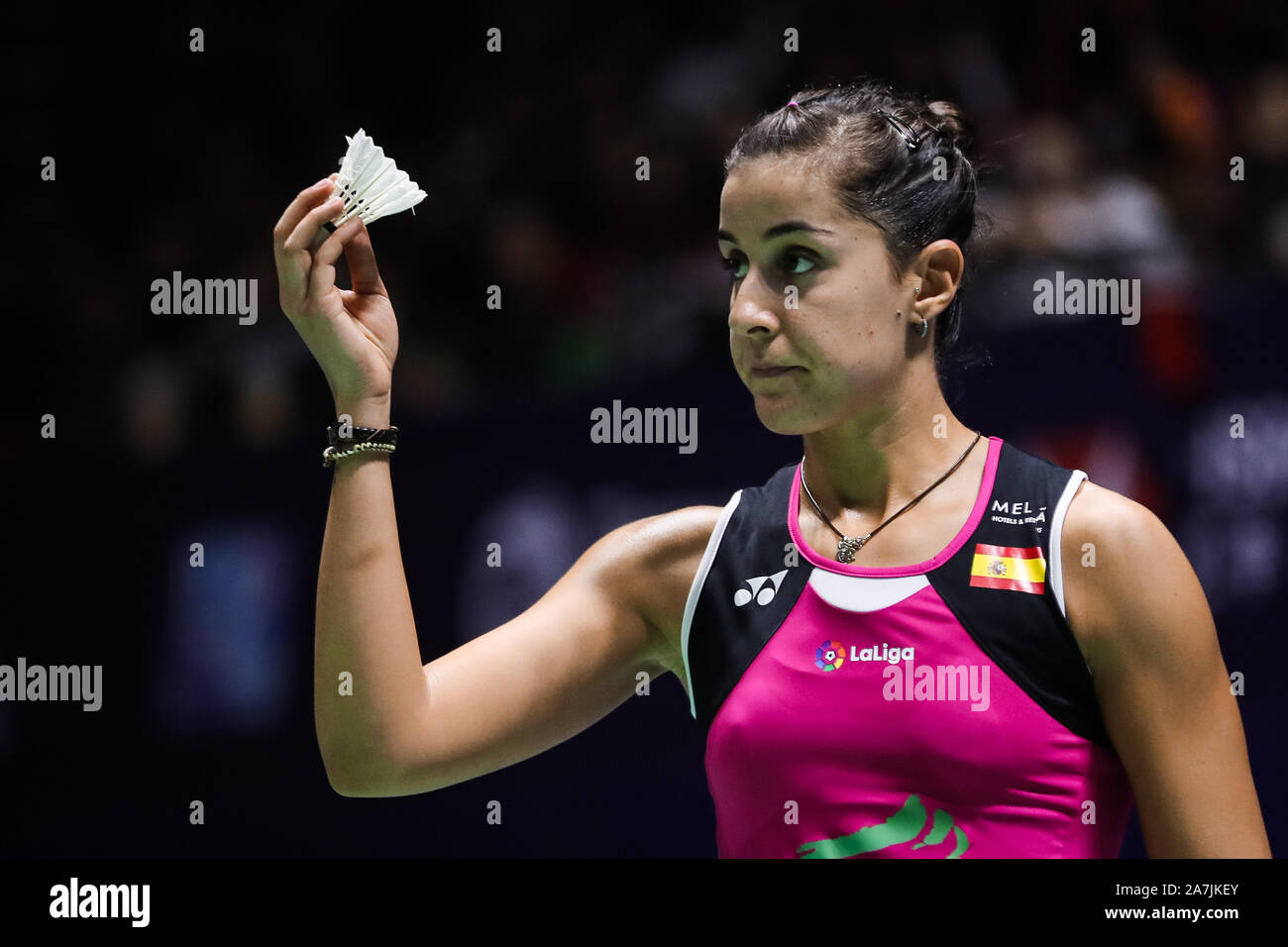 Spanish professional badminton player Carolina Marin competes against ...