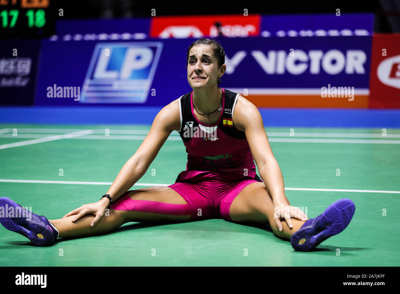 Spanish professional badminton player Carolina Marin competes against ...