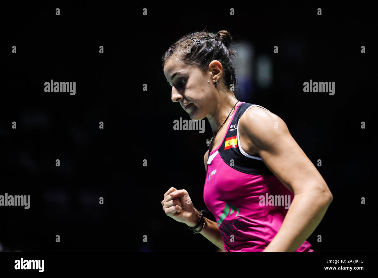 Spanish professional badminton player Carolina Marin competes against ...