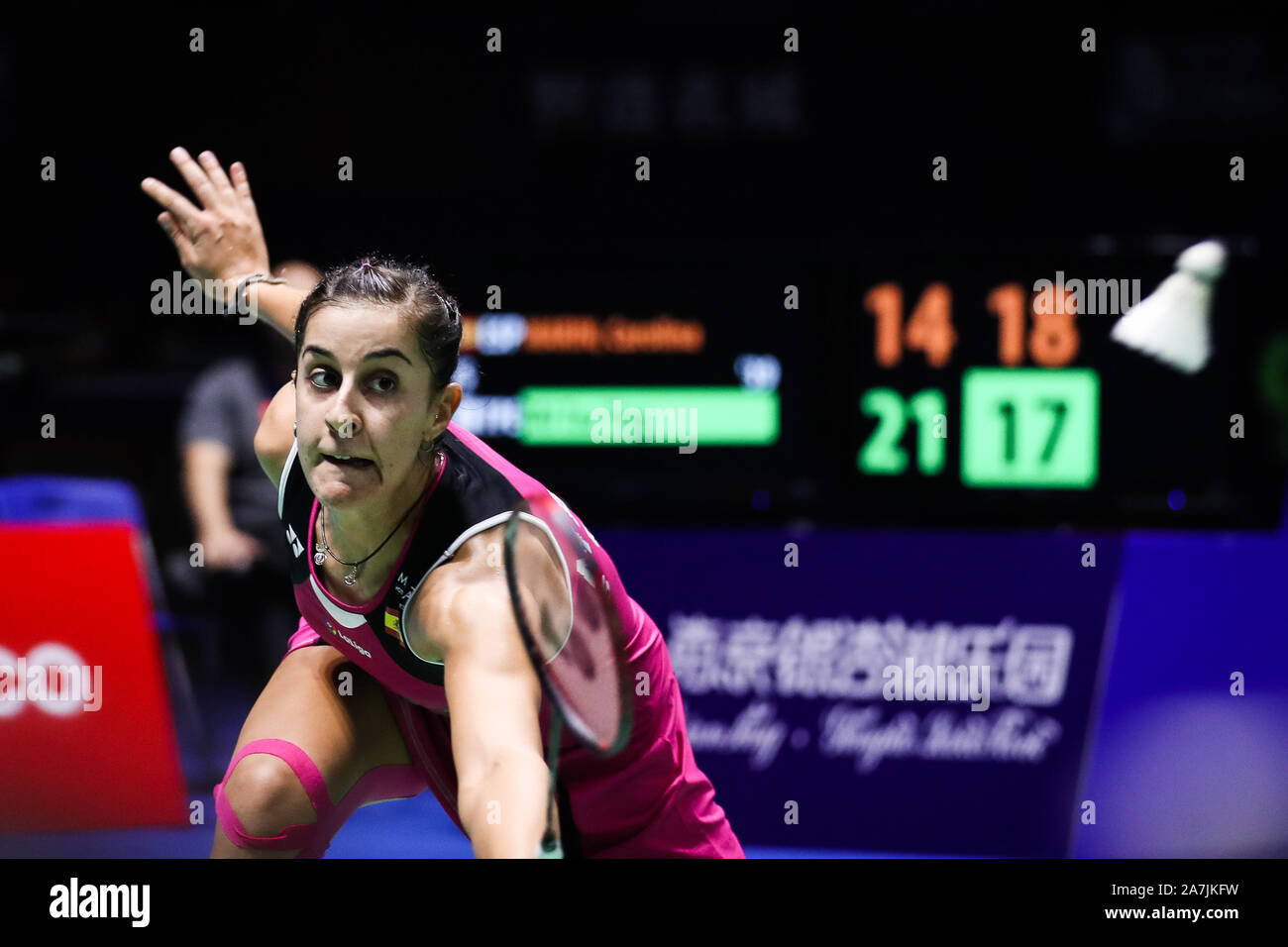 Spanish professional badminton player Carolina Marin competes against ...