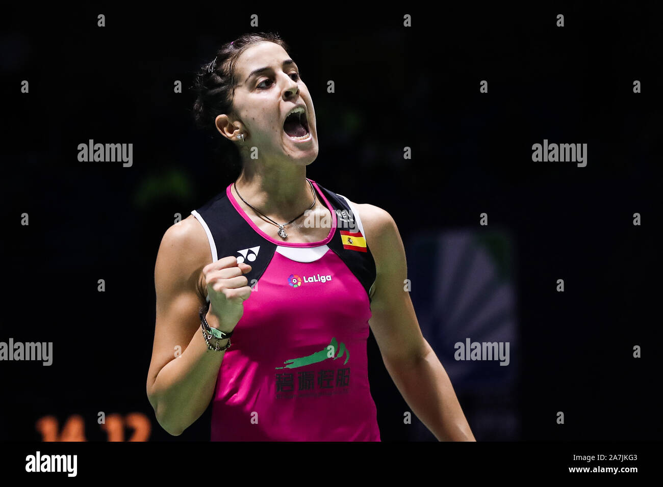 Spanish professional badminton player Carolina Marin competes against ...