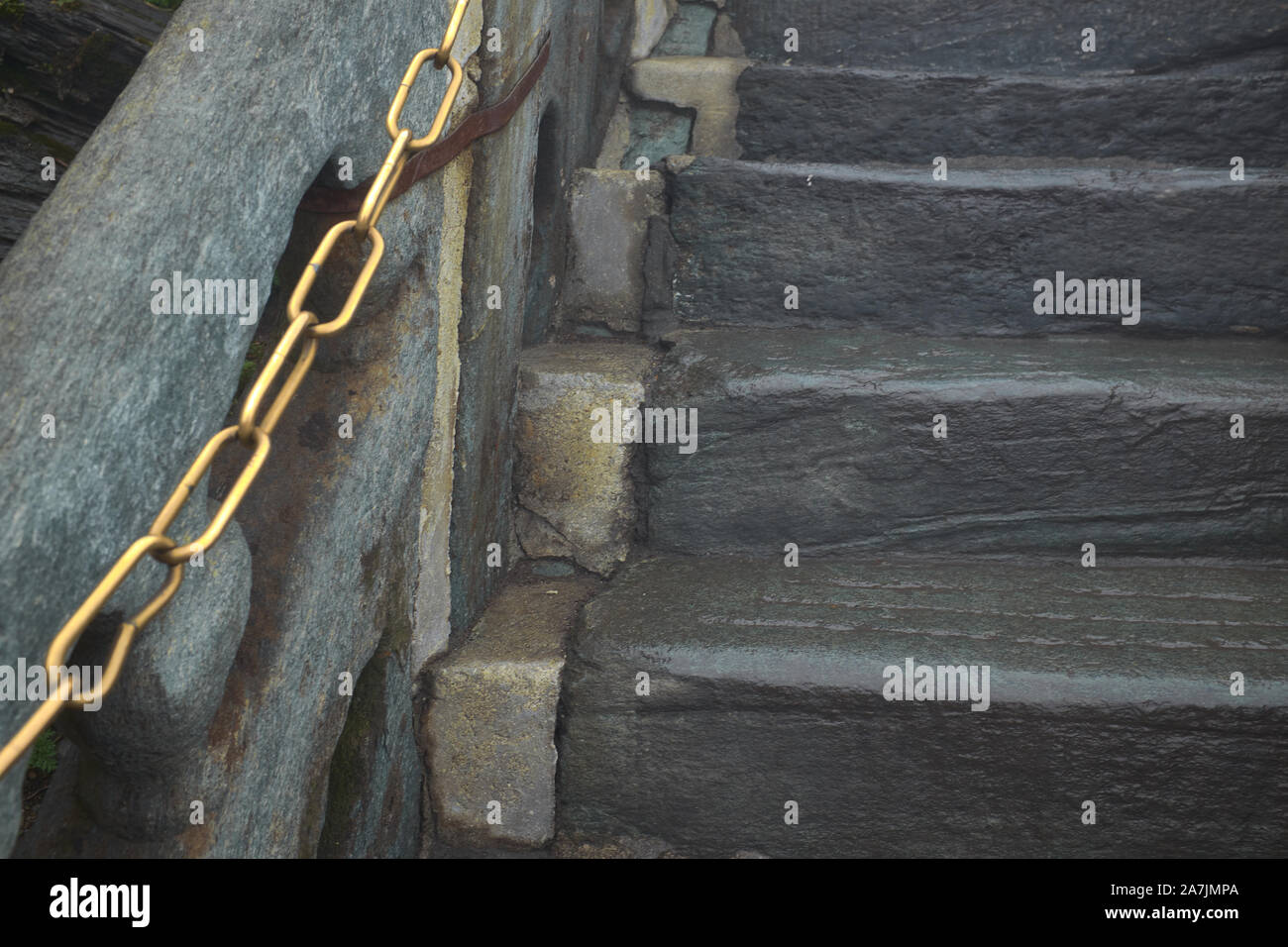 The steps of stair in ancient taoist martial arts wushu temple on foggy ...