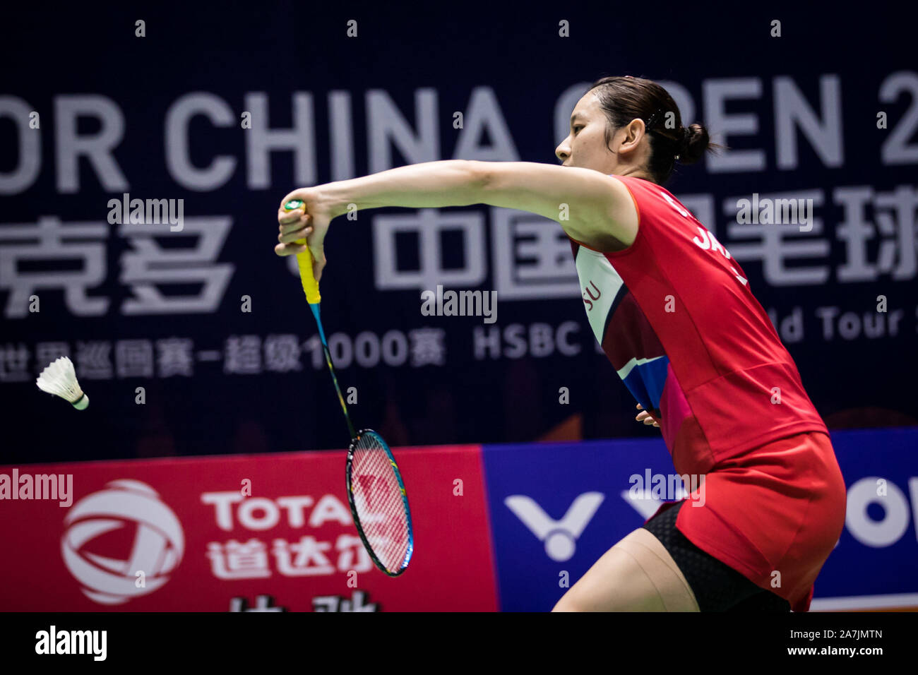 Japanese professional badminton player Sayaka Takahashi competes ...