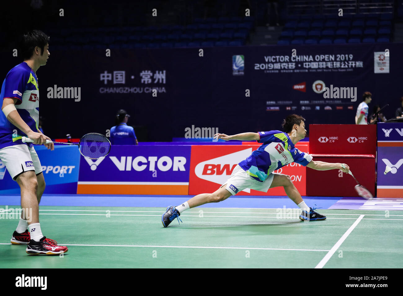 Japanese professional badminton players Hiroyuki Endo and Yuta Watanabe ...