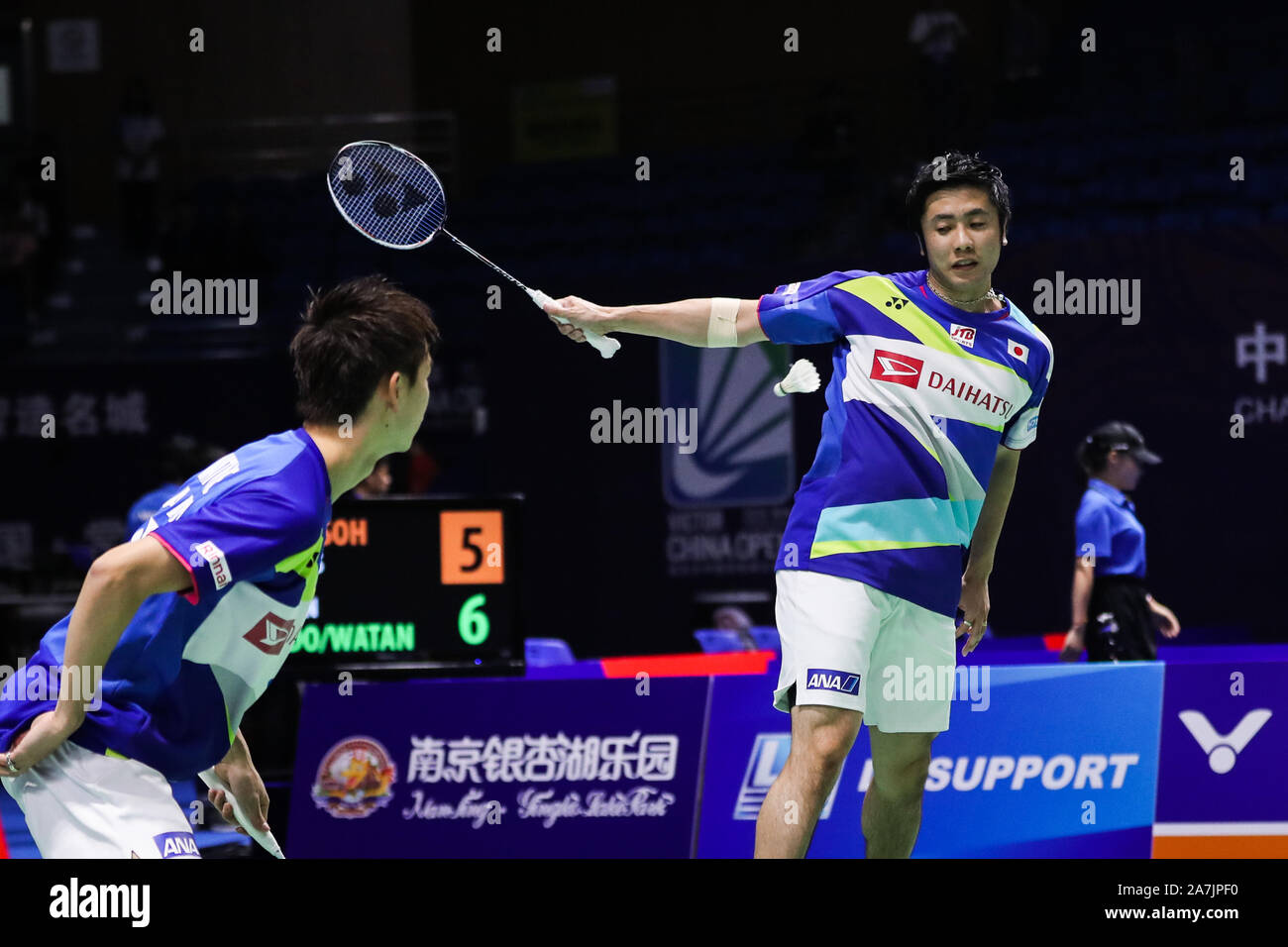 Japanese professional badminton players Hiroyuki Endo and Yuta Watanabe ...
