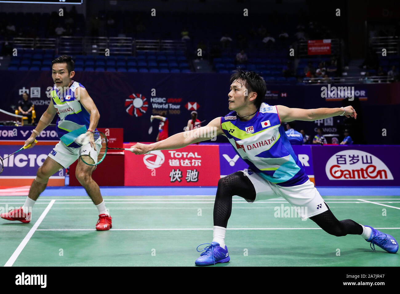 Japanese professional badminton players Takeshi Kamura and Keigo Sonoda ...