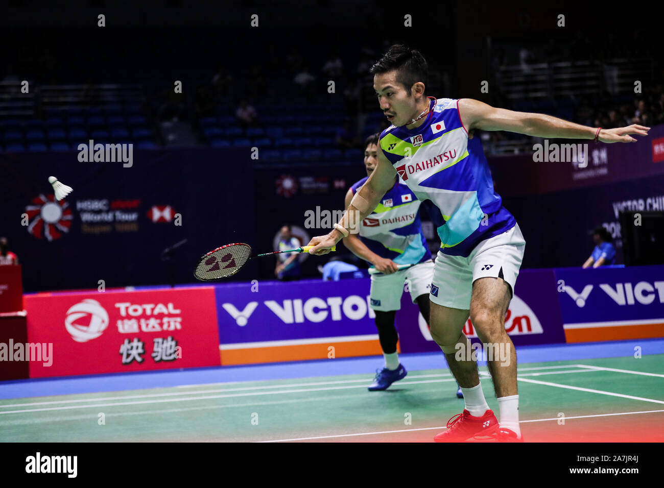 Japanese professional badminton players Takeshi Kamura and Keigo Sonoda ...