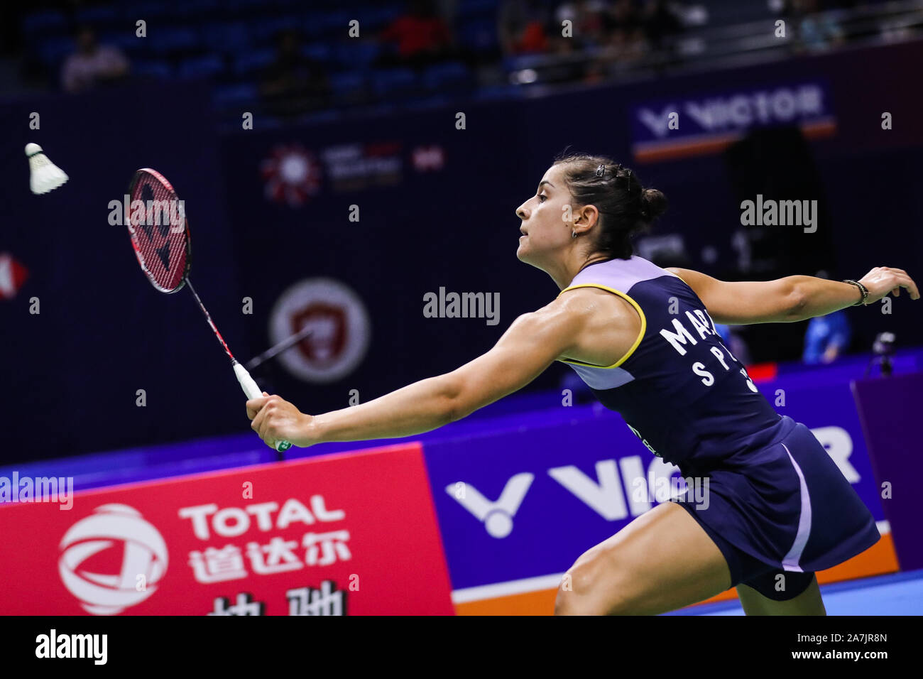 Spanish professional badminton player Carolina Marin competes against ...