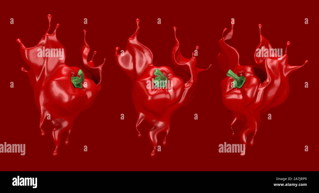 Red background with paprika and splash ketchup, sauce, juice. 3d rendering, 3d illustration ...