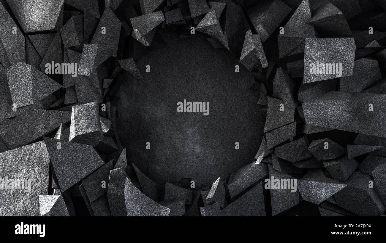 Black background with a stone explosion and a circle. 3d rendering, 3d ...