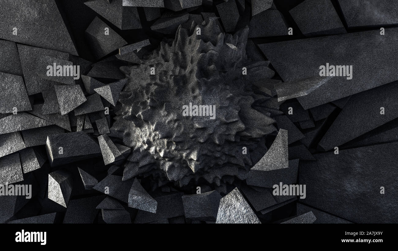 Black background with a stone explosion and a circle. 3d rendering, 3d ...