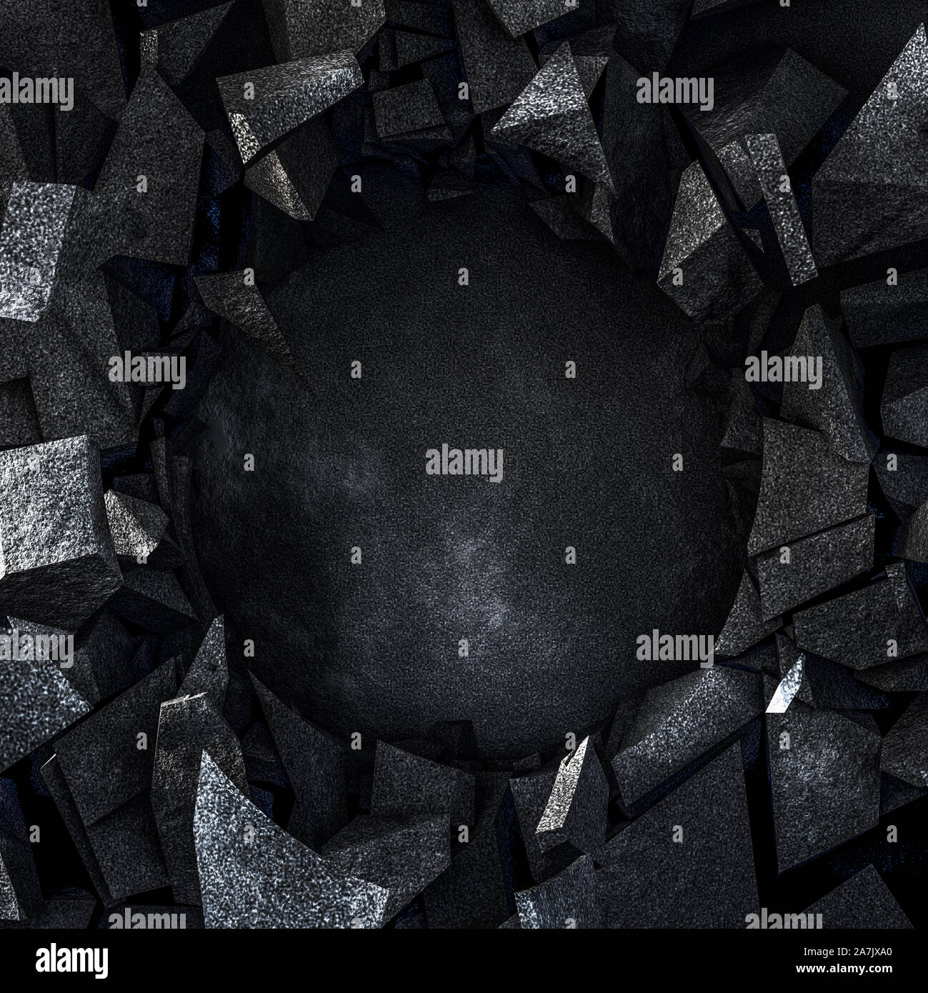 Black background with a stone explosion and a circle. 3d rendering, 3d ...