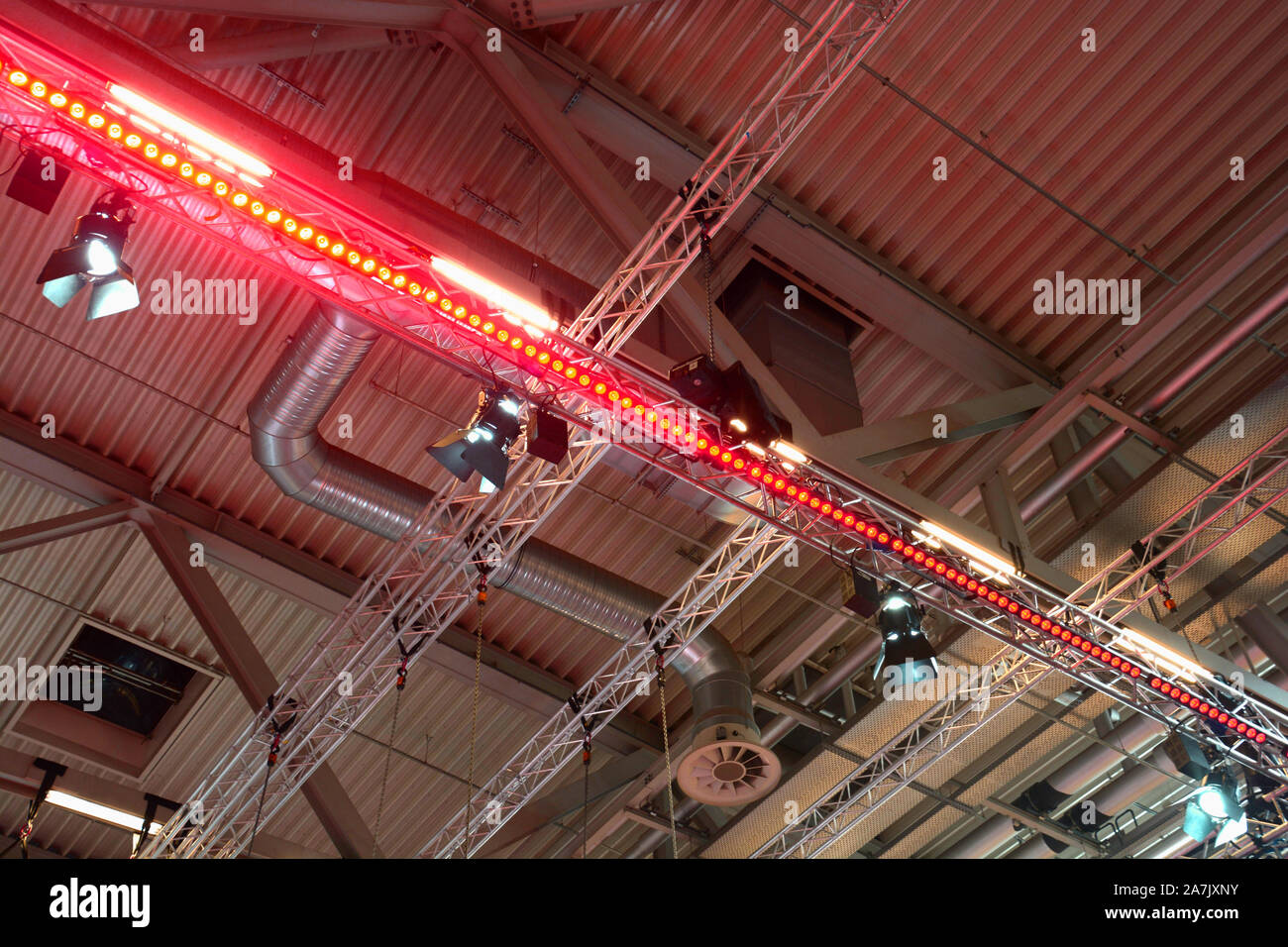modern steel structure geometry construction inside a hall, big ...