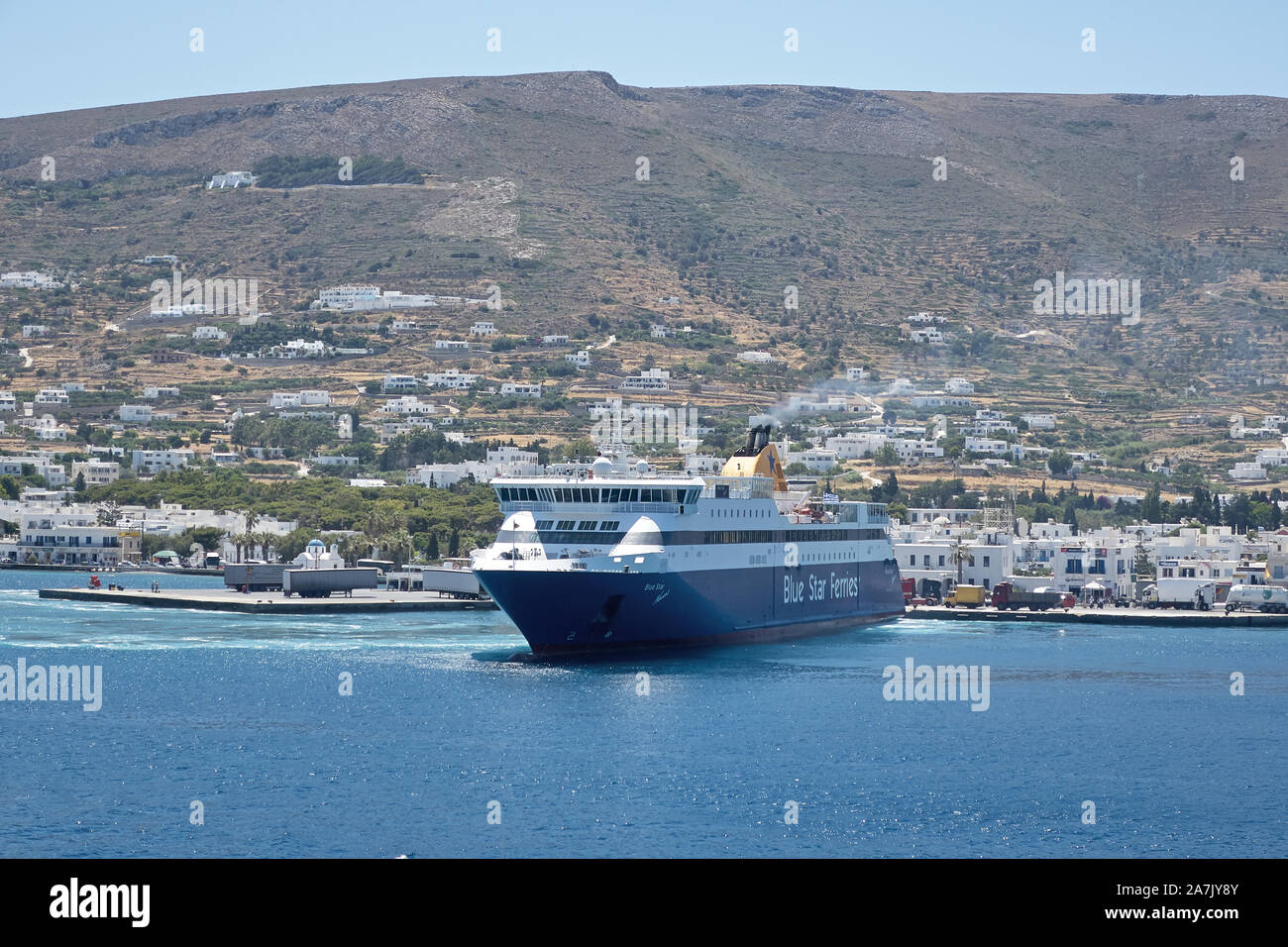 Paikia, Paros island, Greece - July 02, 2019: Ferry boat Blue Star ...