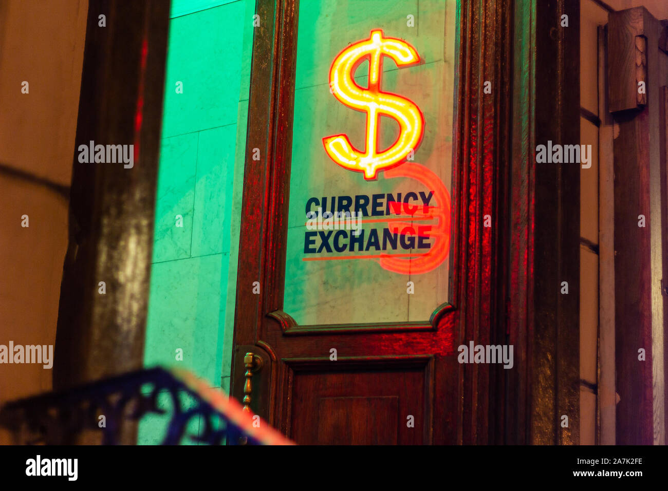 currency exchange office dollar vs euro sign .night neon illuminated ...