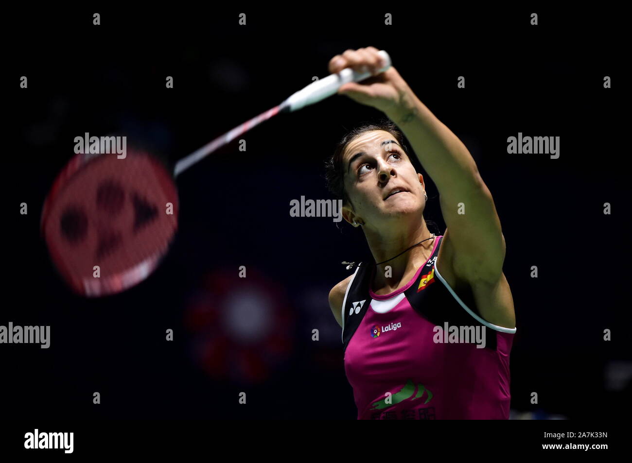 Spanish professional badminton player Carolina Marin competes against ...