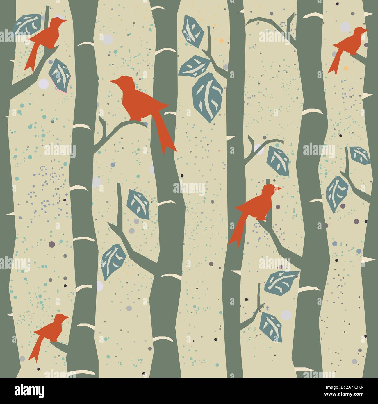 Seamless Tree Pattern with big birds and leaves. Vector Illustration ...
