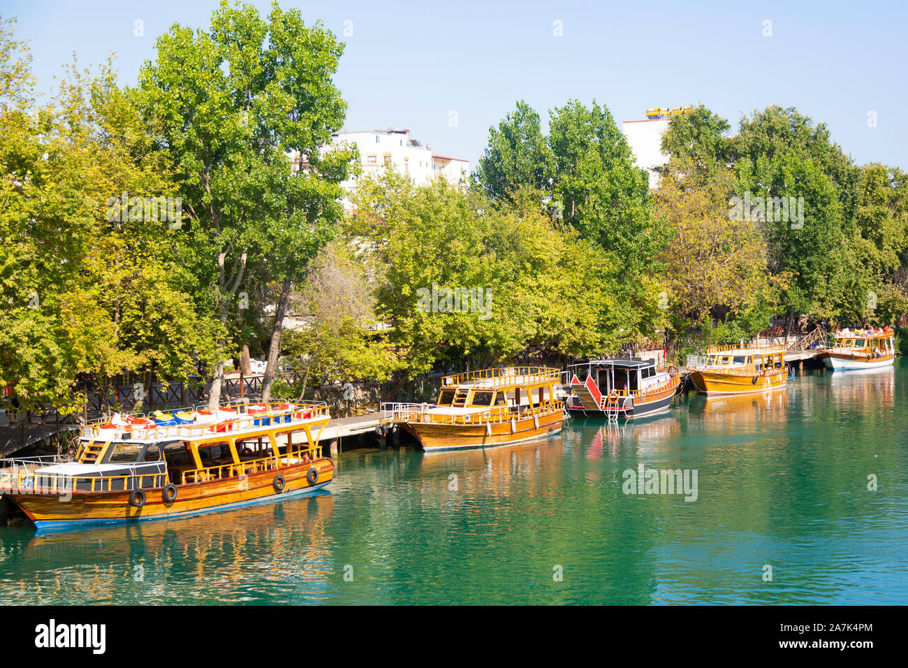 Ships for tourist excursions on the river in Turkey awaiting tourists ...
