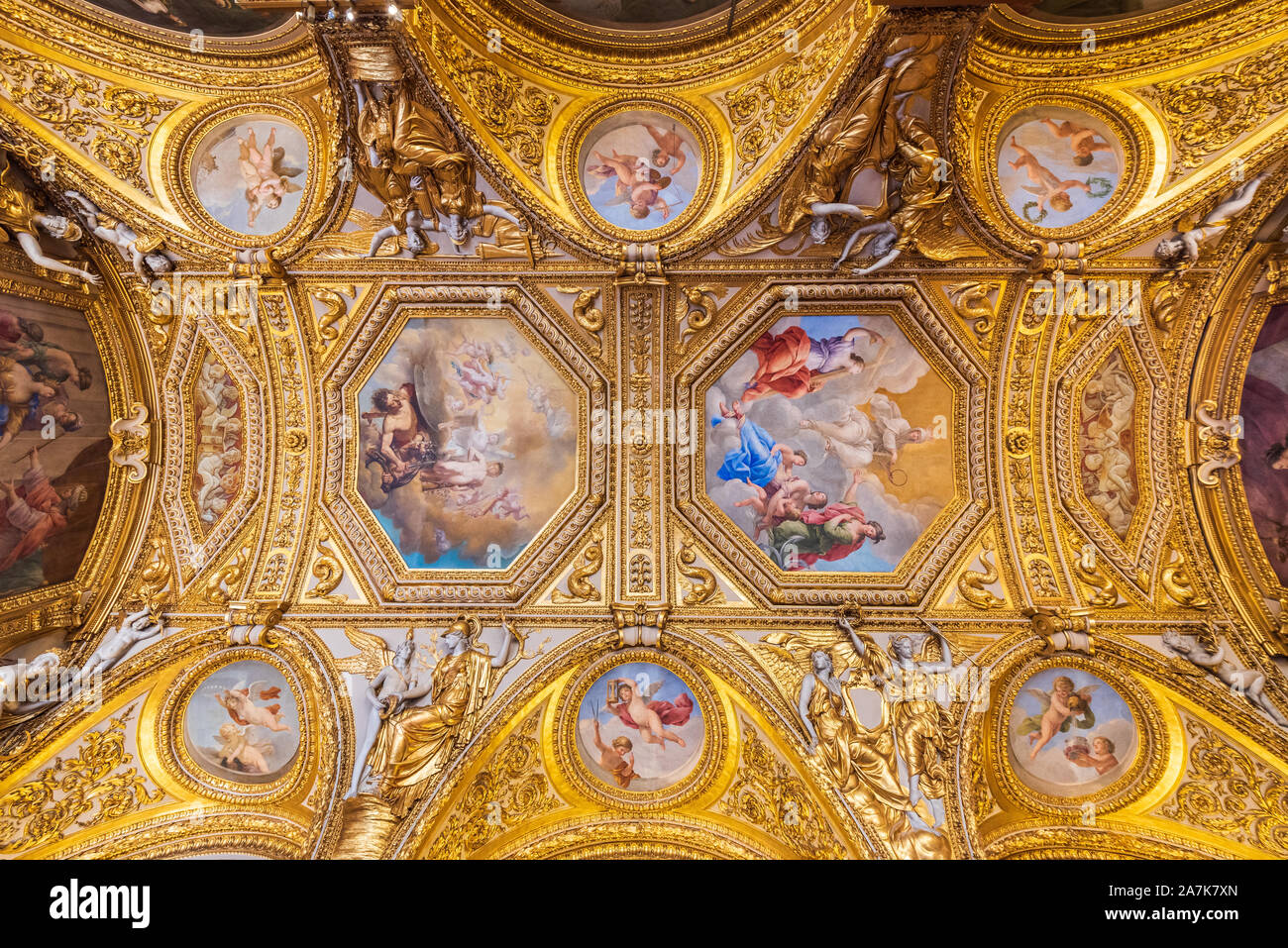 Detail of the ceiling in the Musée d'Louvre (Louvre Museum), Paris ...