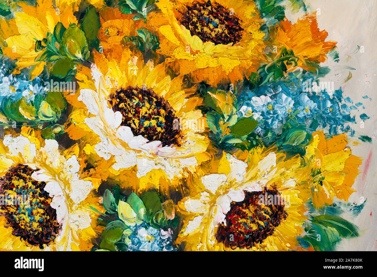 Close up fragment of oil painting artistic flowers image. Palette knife flowers macro. Texture ...
