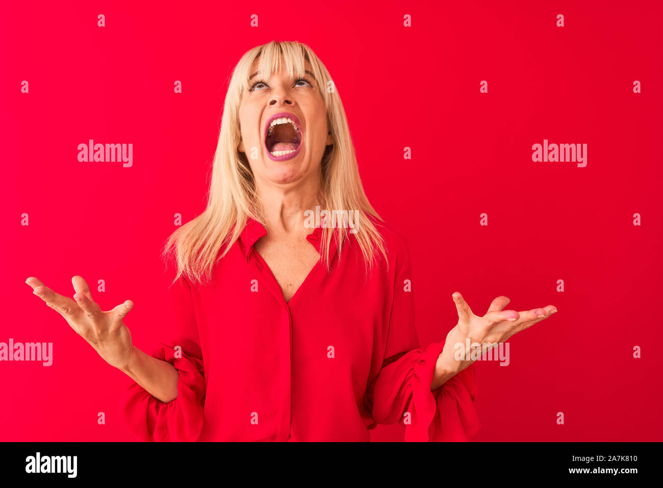 Middle age woman wearing elegant shirt standing over isolated red ...
