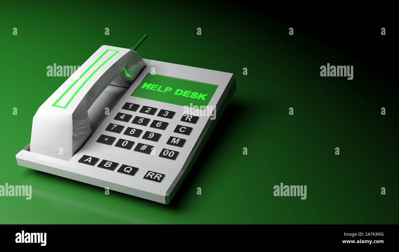 Cordless telephone with green write HELP DESK, on a green desk - 3D ...