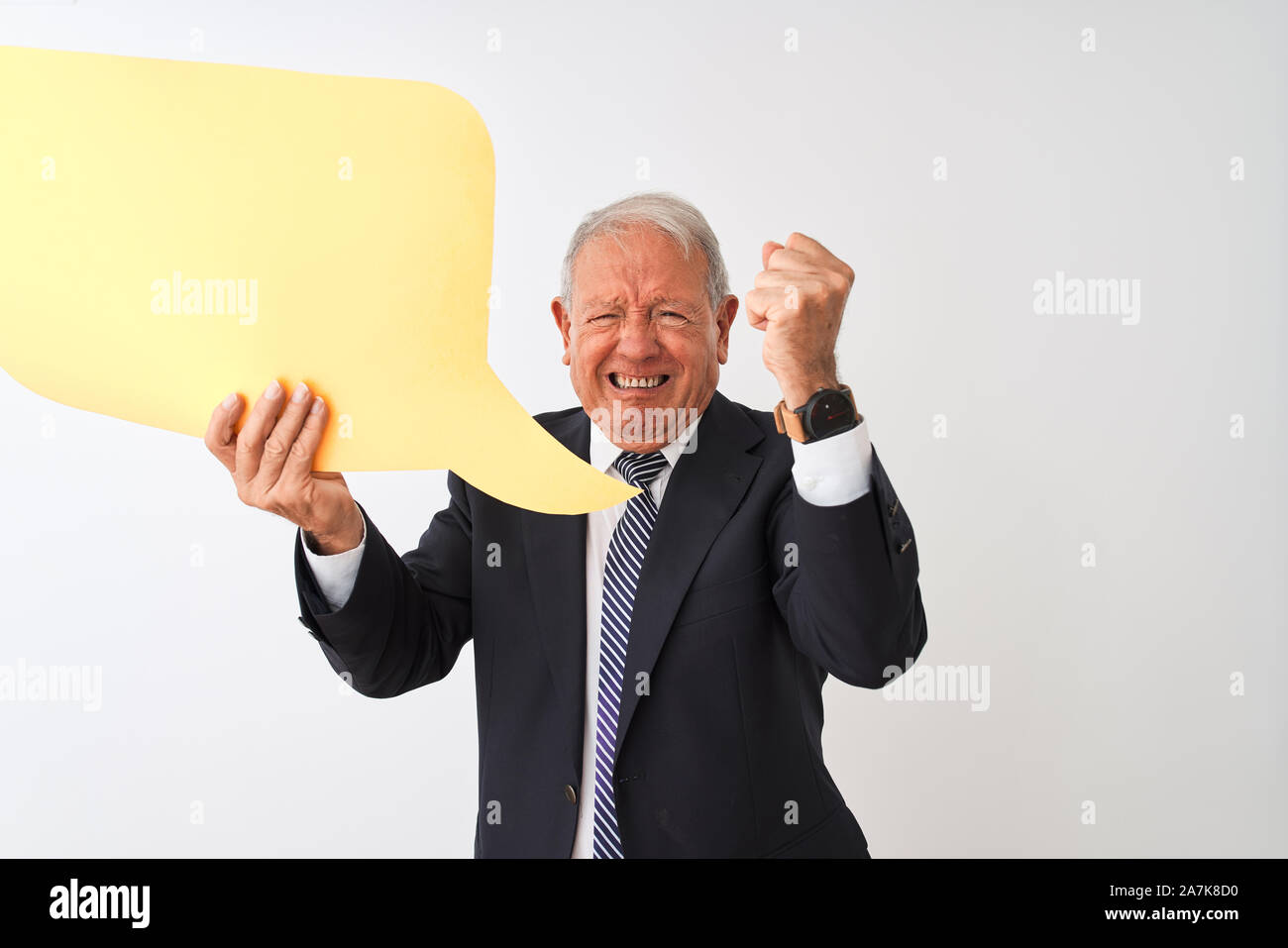 Senior grey-haired businessman holding speech bubble over isolated ...