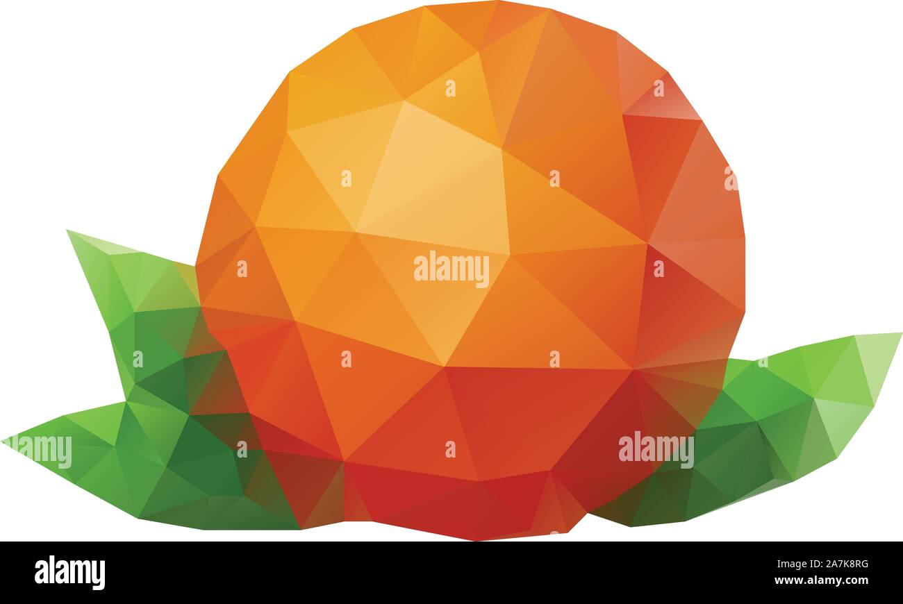 Abstract geometric orange fruit with green leaves made from polygons ...