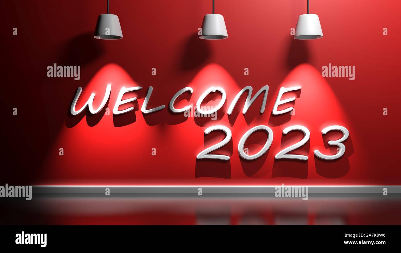 Welcome 2023 write at red wall with lamps - 3D rendering illustration ...