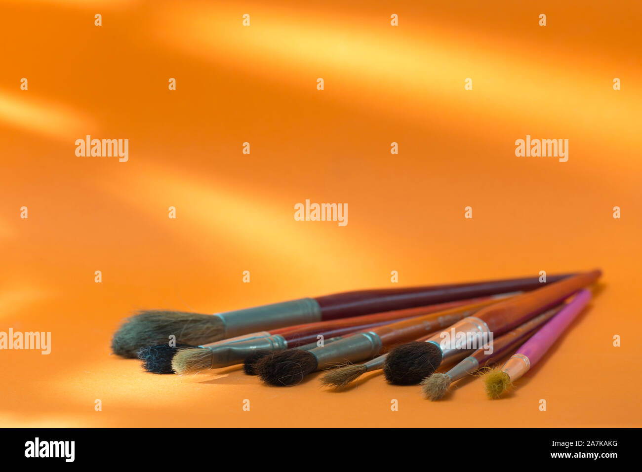 group of brushes extended on an orange surface, illuminated through a ...