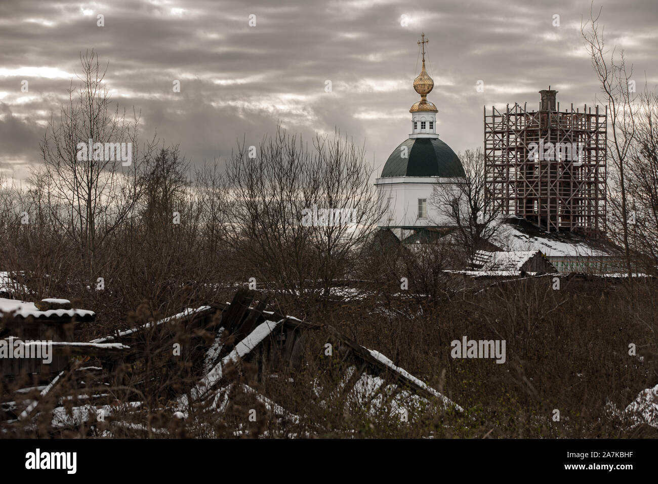 reconstruction of old russian orthodox church in old village. there are ...
