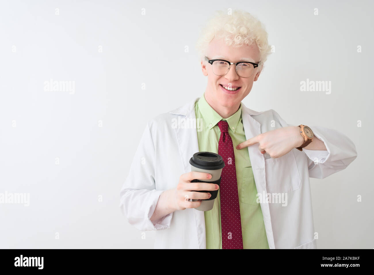 Albino scientist man wearing glasses drinking take away coffee over ...