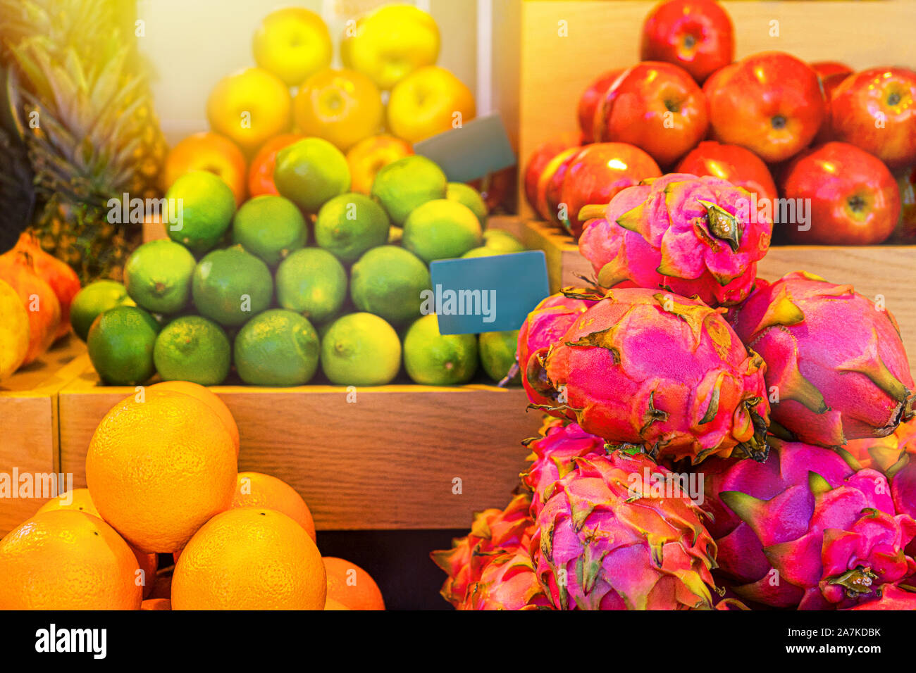 Fresh tropical fruits on the counter in the market. Sales of organic ...