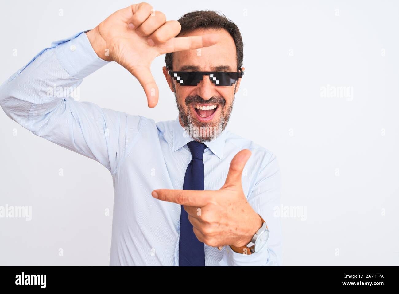 Middle age businessman wearing thug life sunglasses over isolated white ...