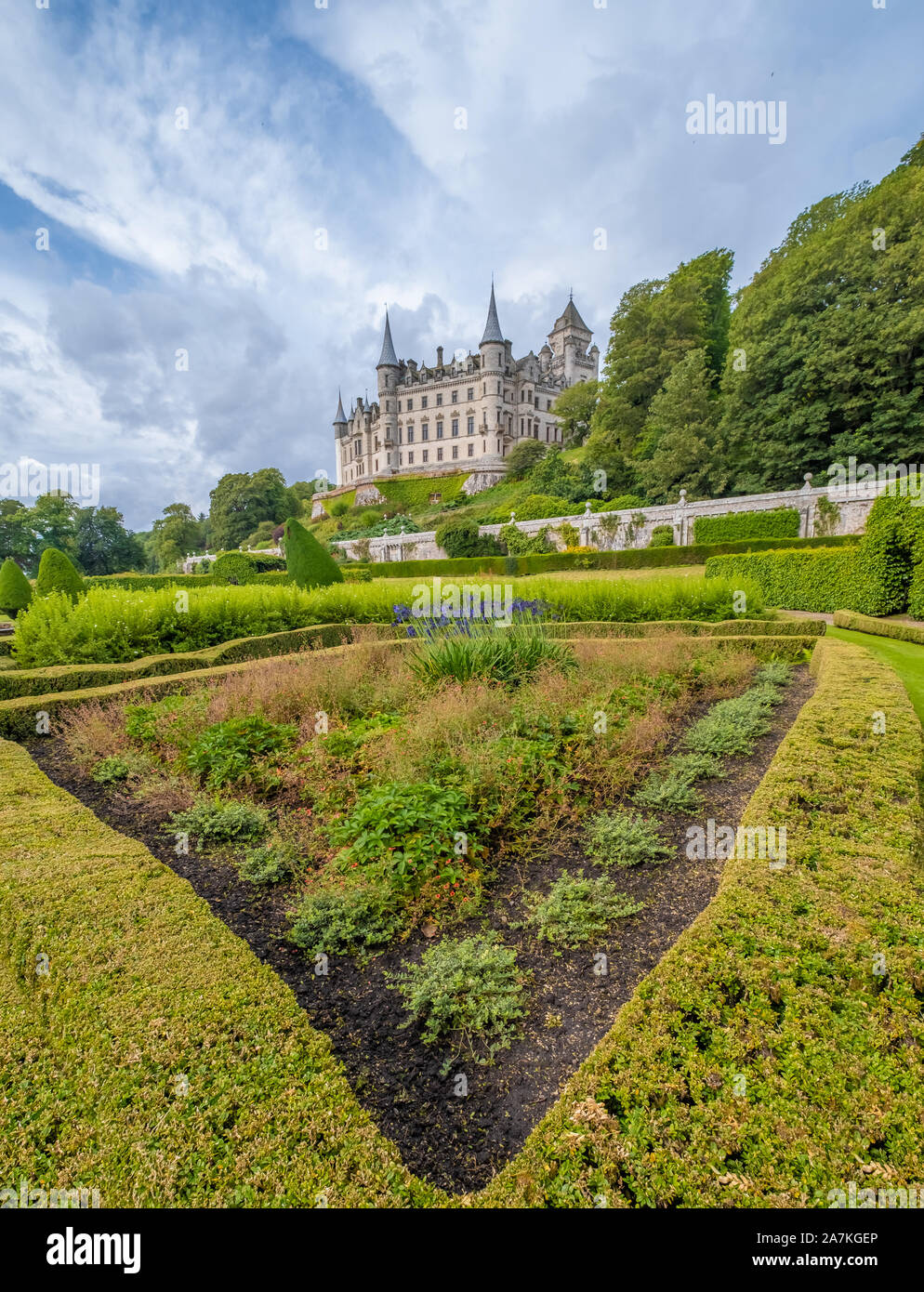 Gardens of the ancient Dunrobin Castle in Sutherland, in the Highlands ...
