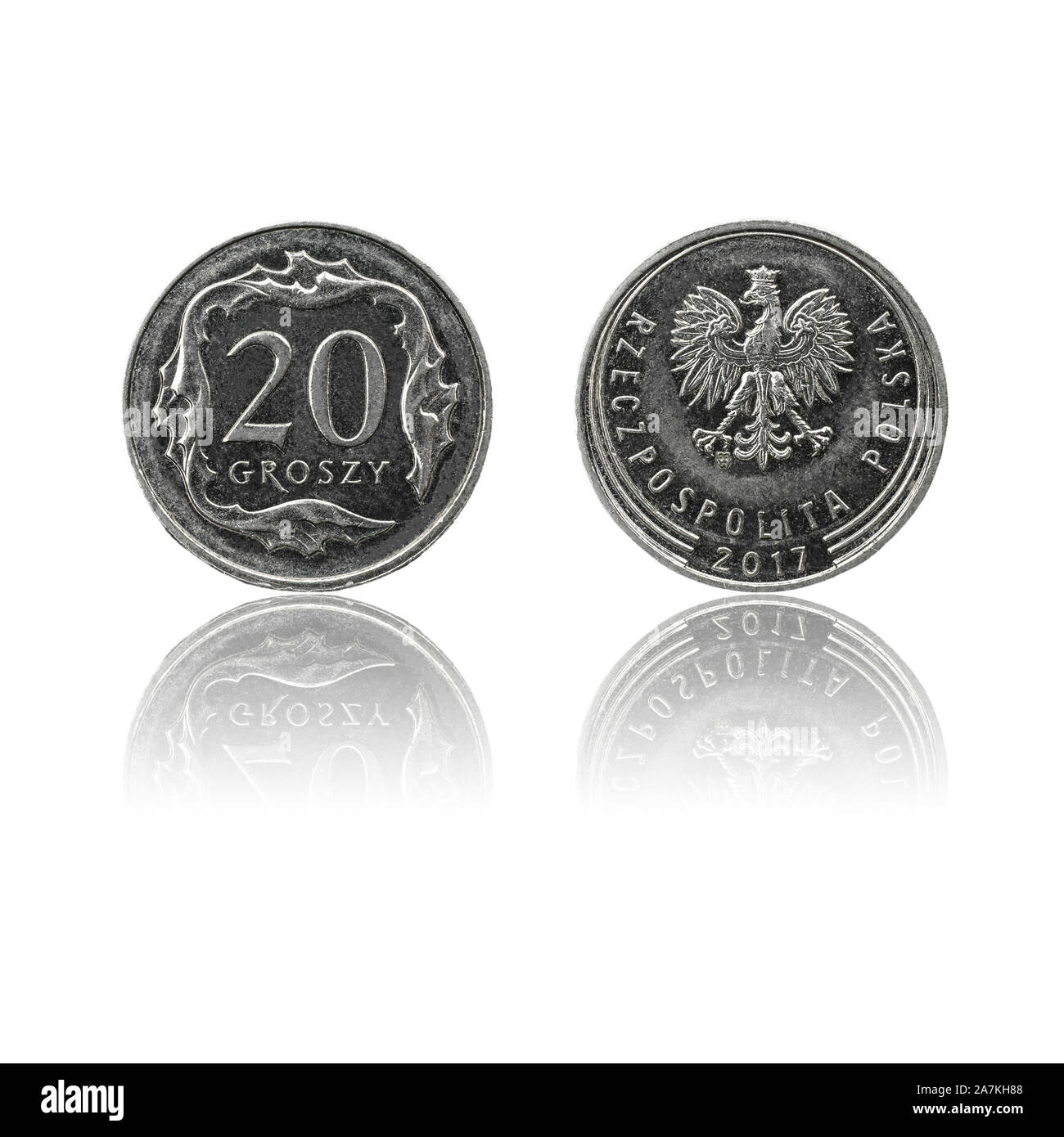 Polish currency 20 gr coin (PLN or "złoty") isolated on white ...