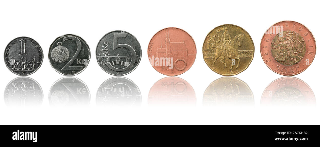 Six Czech Republic currency coins (CZK or "koruna") isolated on white ...
