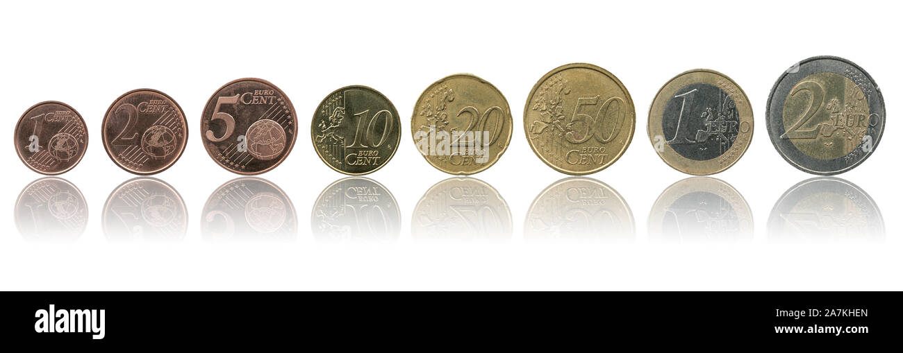 Eight European Union currency coins (EUR or "euro") isolated on white ...