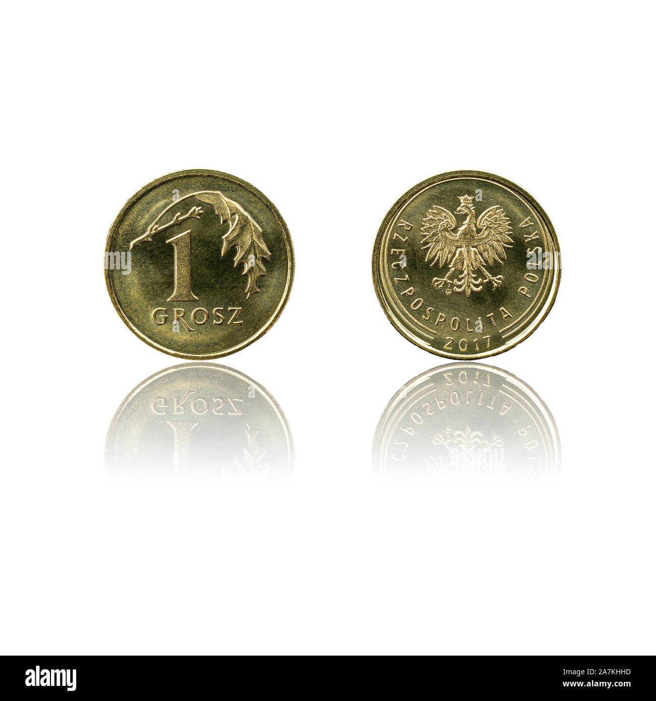 Polish currency 1 gr coin (PLN or "złoty") isolated on white background ...