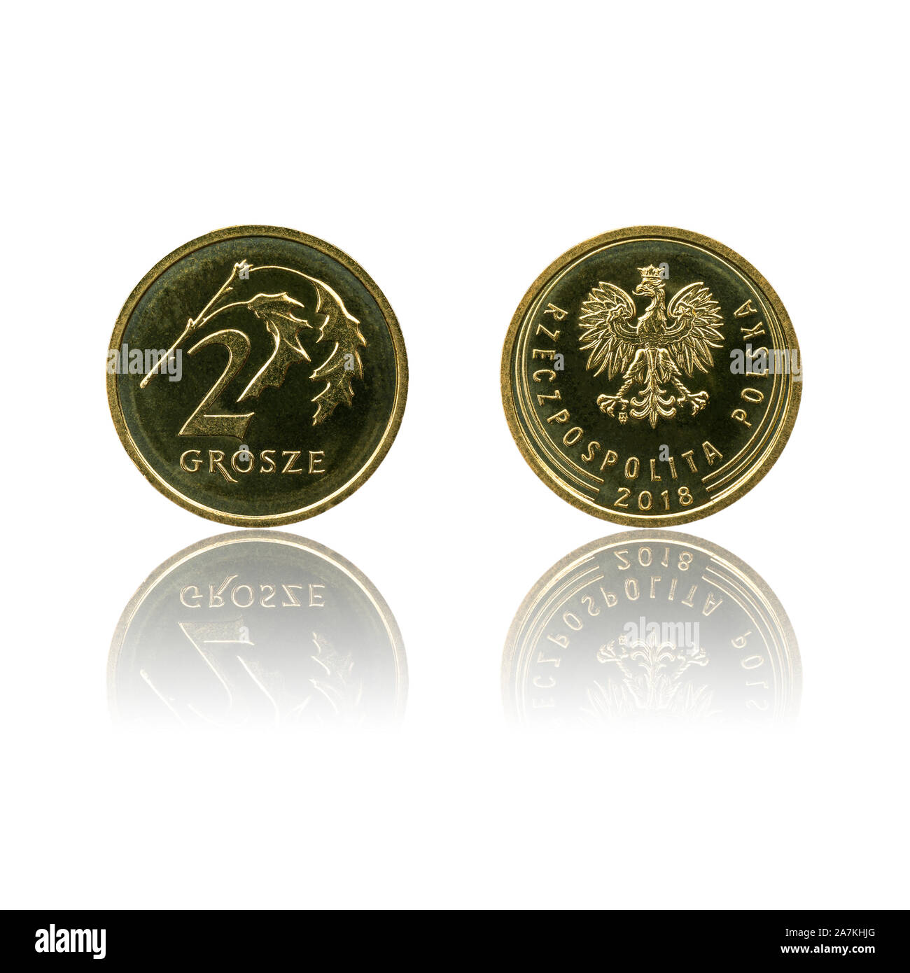 Polish currency 2 gr coin (PLN or "złoty") isolated on white background ...