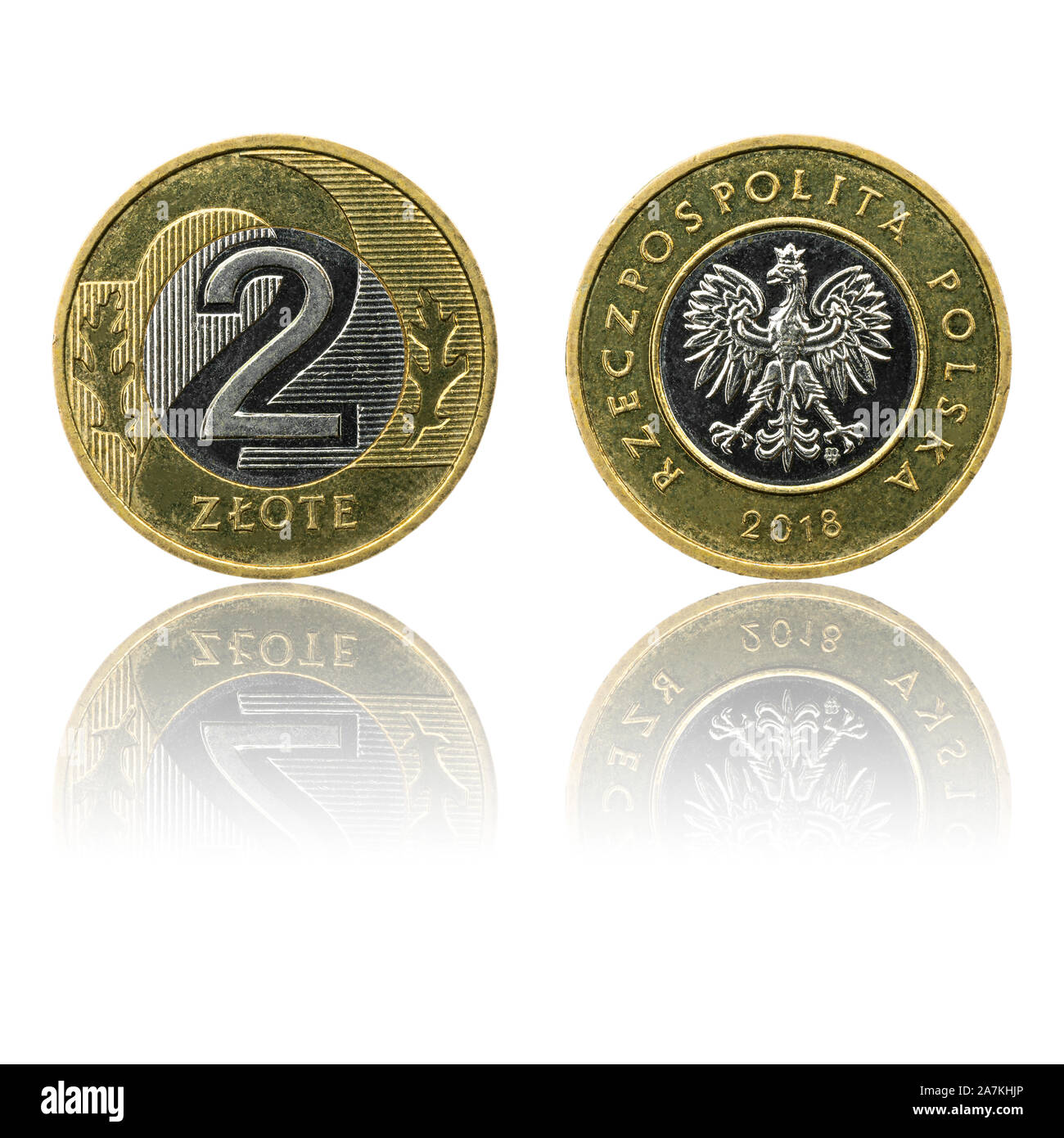 Polish currency 2 zl coin (PLN or "złoty") isolated on white background ...