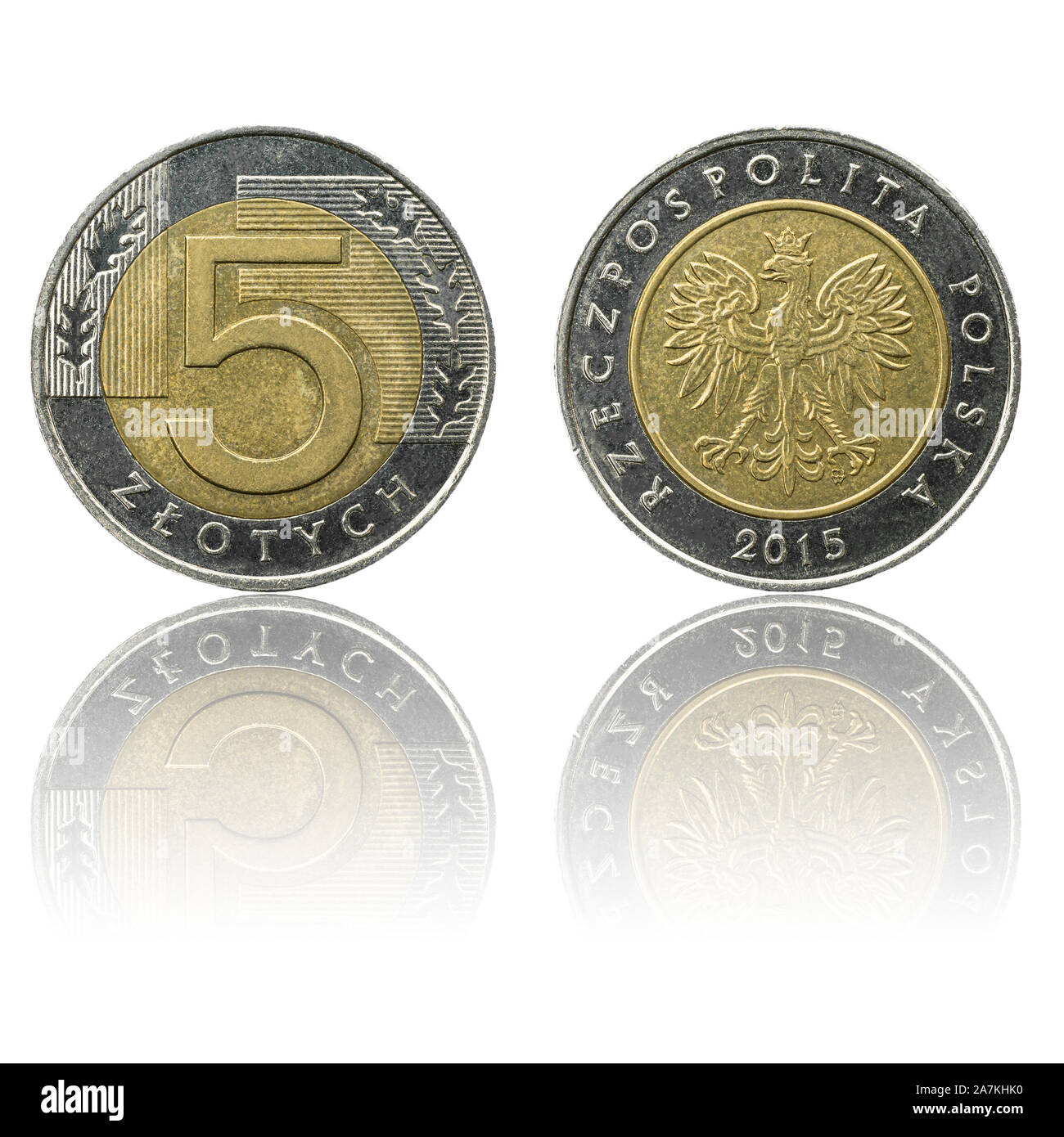 Polish currency 5 zl coin (PLN or "złoty") isolated on white background ...