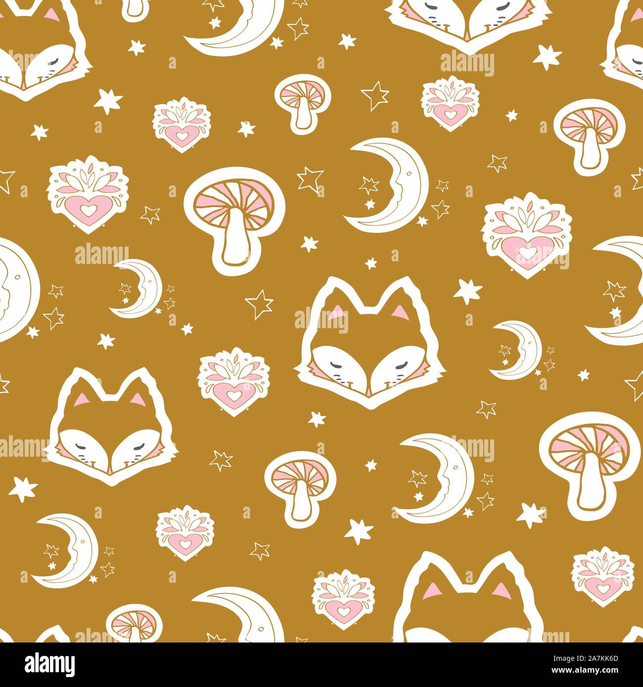 Cute fox seamless pattern, wolf hand drawn forest autumn background with mushroom, folk art ...