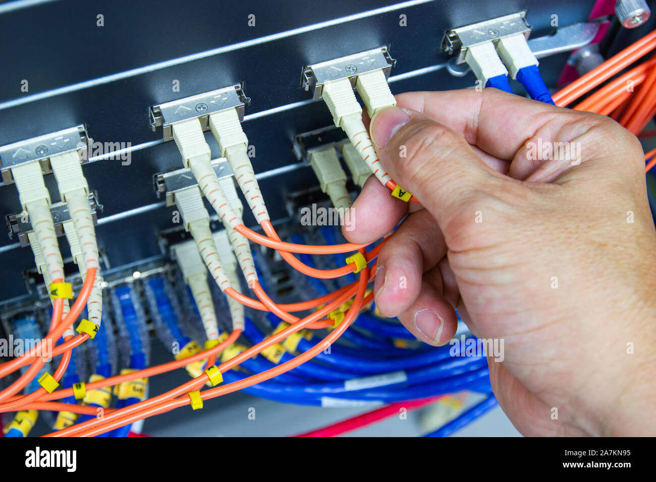 Technician connect fiber cable network to switch port in server room ...